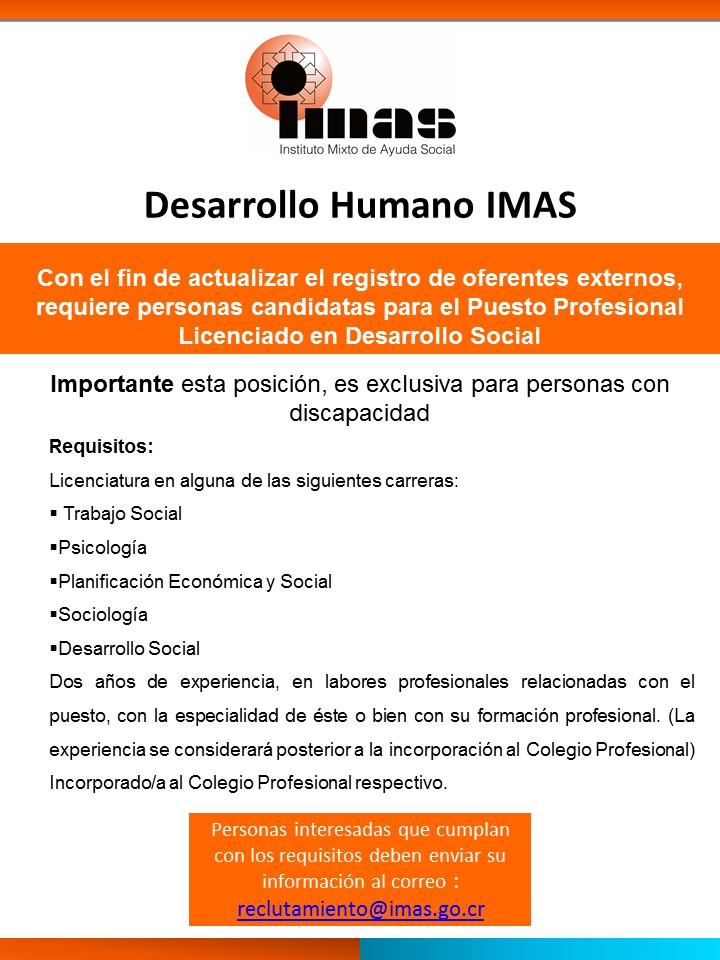 Desarrollo Humano del IMAS requiere personas candidatas para los ...